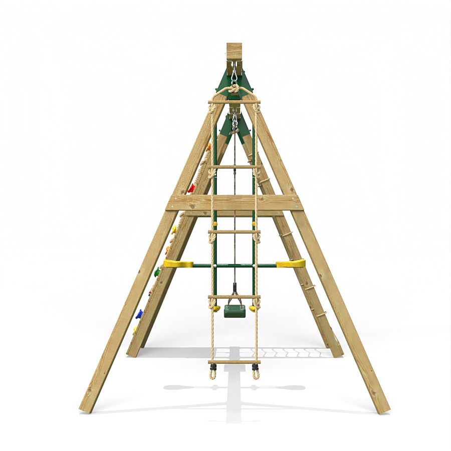 Little Rascals Wooden Double Swing Set with Climbing Wall/Net, Swing ...