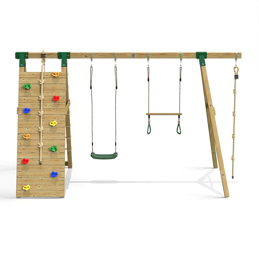Little Rascals Wooden Double Swing Set with Climbing Wall/Net, Swing ...