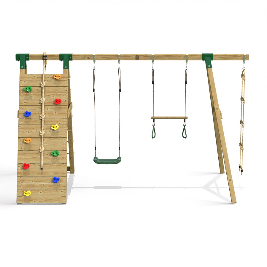 Little Rascals Wooden Double Swing Set Climbing Wall/Net, Swing Seat ...