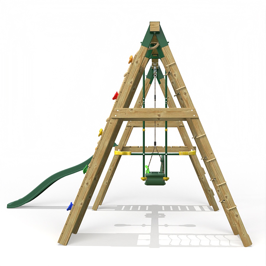 Little Rascals Wooden Double Swing Set with Slide, Climbing Wall/Net, 3 ...