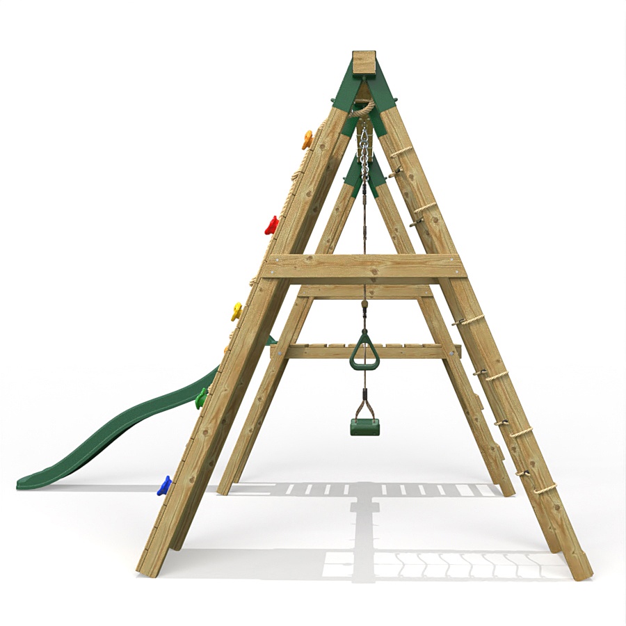 Little Rascals Wooden Double Swing Set with Slide, Climbing Wall/Net ...