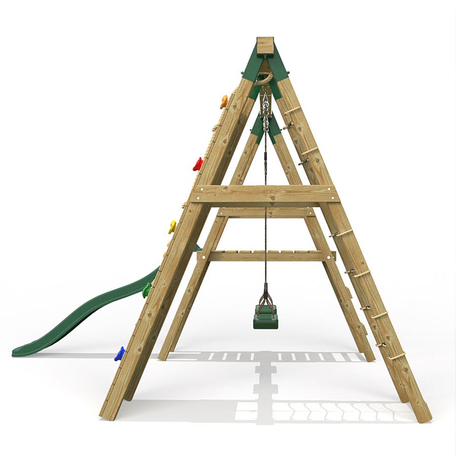 Little Rascals Wooden Double Swing Set with Slide, Climbing Wall/Net ...