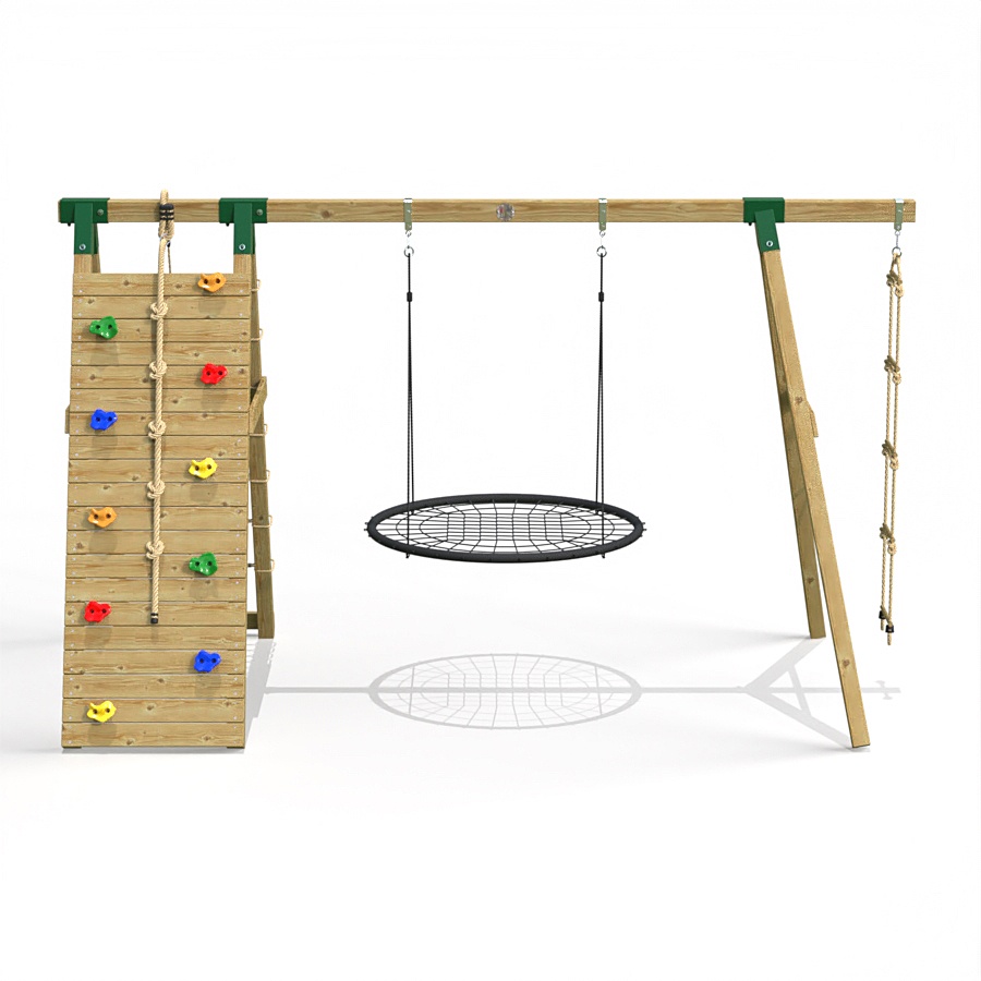 Little Rascals Wooden Single Swing Set with Climbing Wall/Net, Nest ...