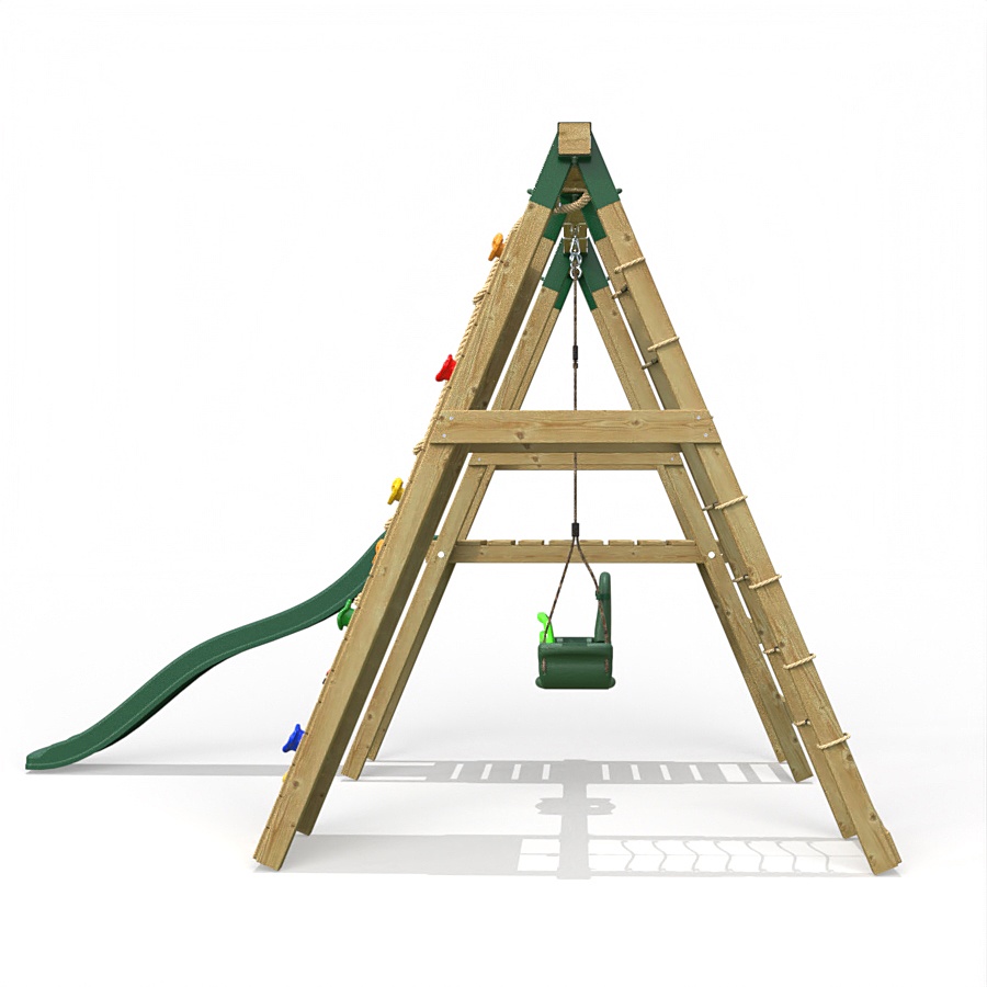 Little Rascals Wooden Single Swing Set with Slide, Climbing Wall/Net ...