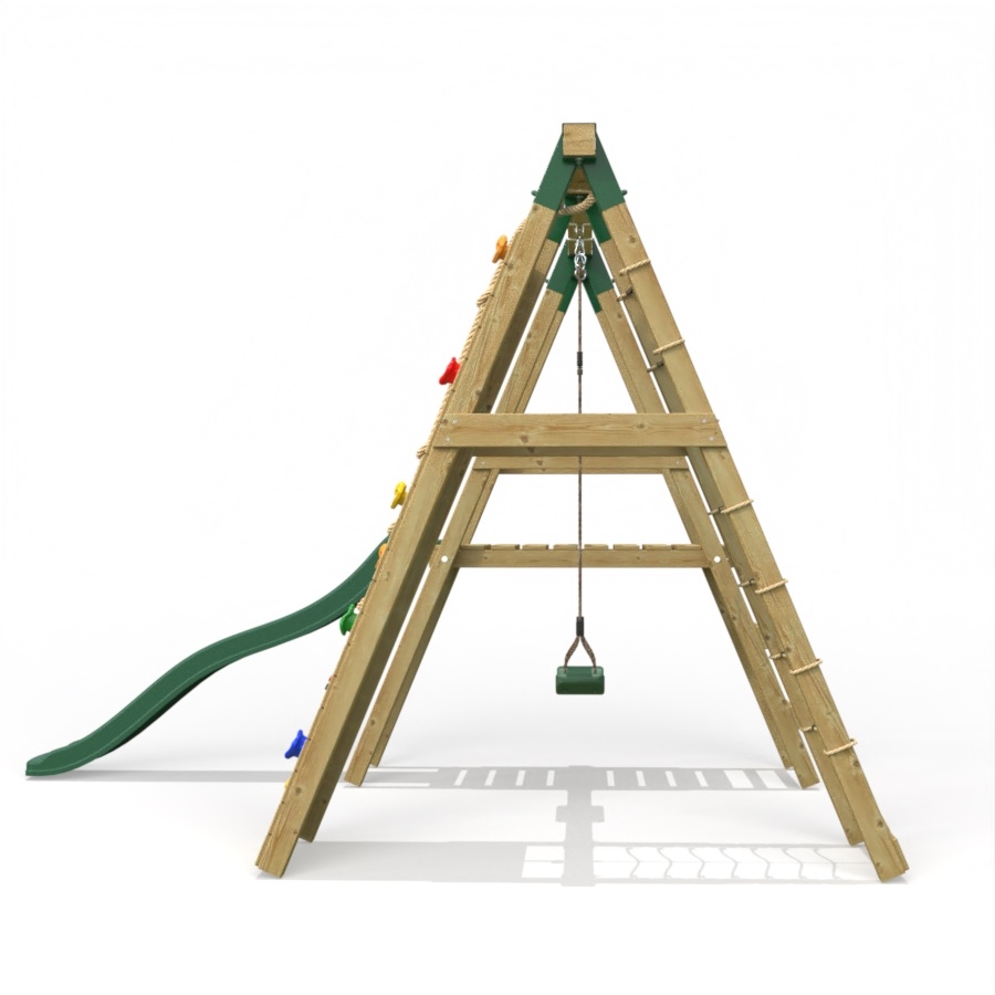 Little Rascals Wooden Single Swing Set with Slide, Climbing Wall/Net ...