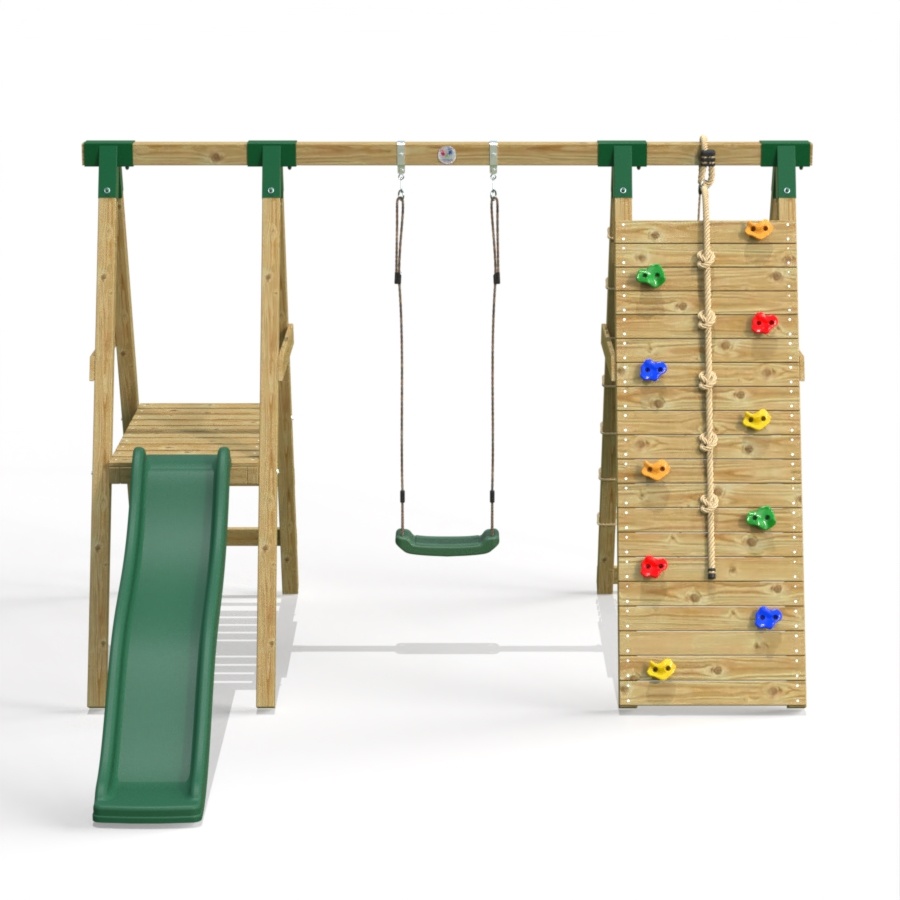 Little Rascals Wooden Single Swing Set with Slide, Climbing Wall/Net ...