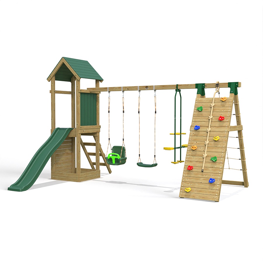 Little Rascals Wooden Climbing Frame & Triple Swing Set with Climbing ...